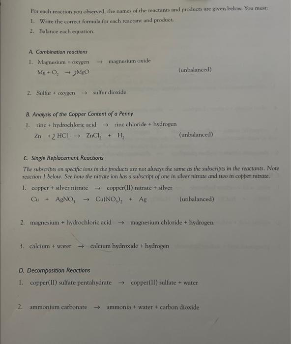 Solved For each reaction you observed, the names of the | Chegg.com