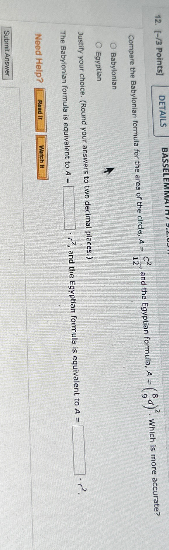 Solved [-/3 ﻿Points]Compare the Babylonian formula for the | Chegg.com
