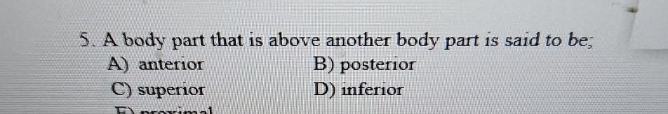 Solved A body part that is above another body part is said | Chegg.com