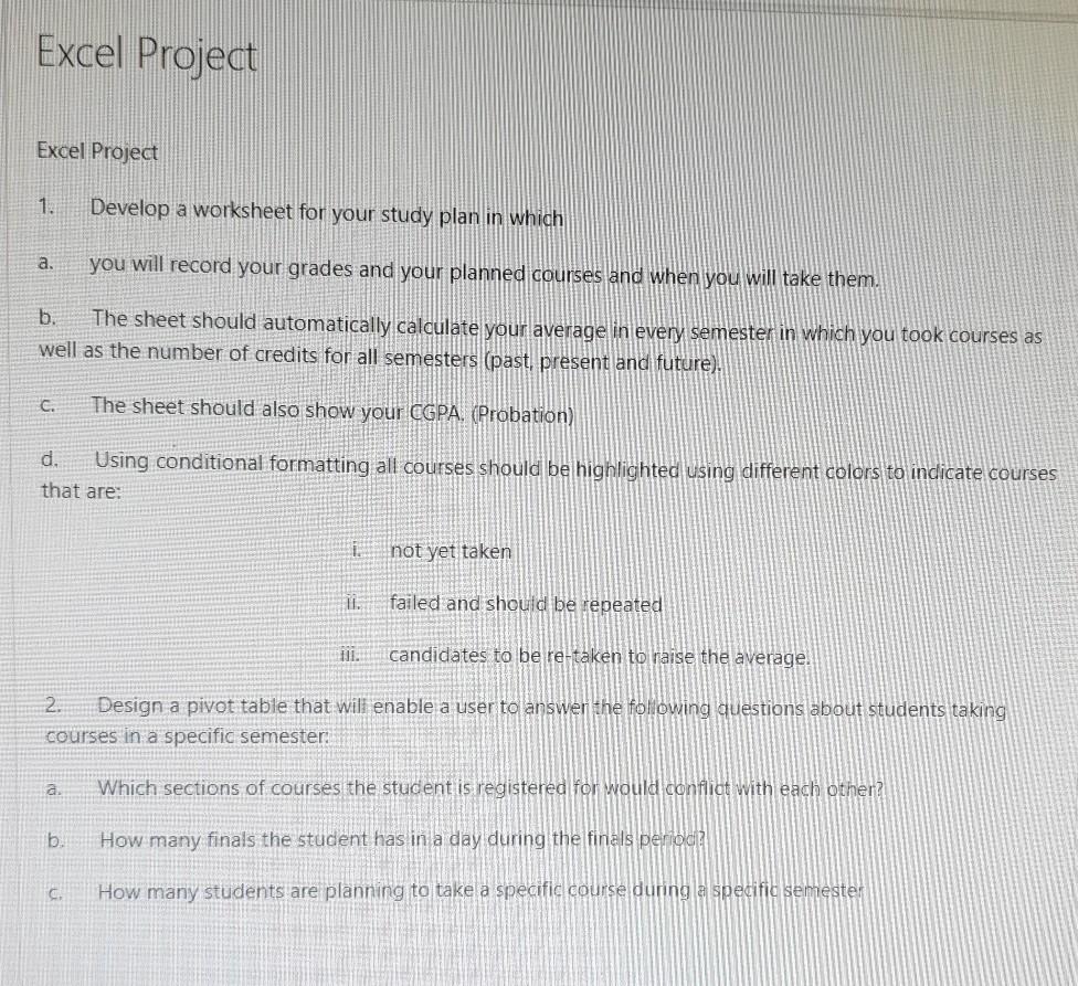 Excel Project Excel Project 1. Develop a worksheet | Chegg.com