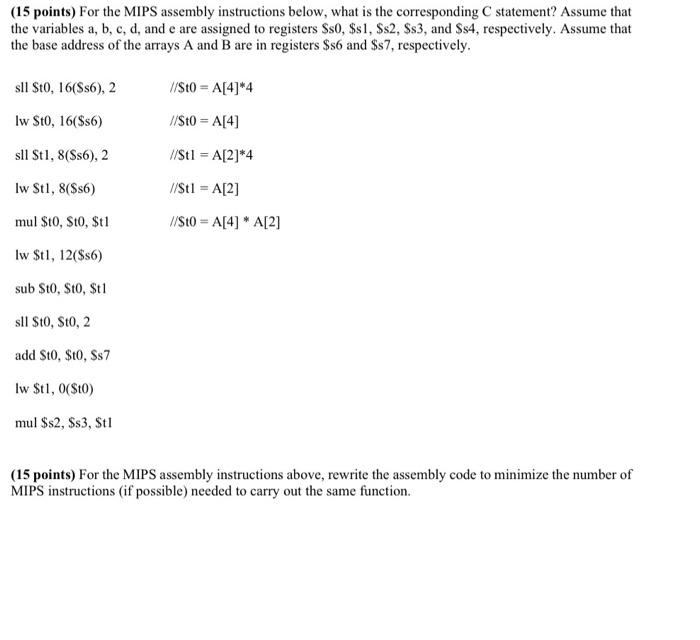Solved (15 points) For the MIPS assembly instructions below, | Chegg.com