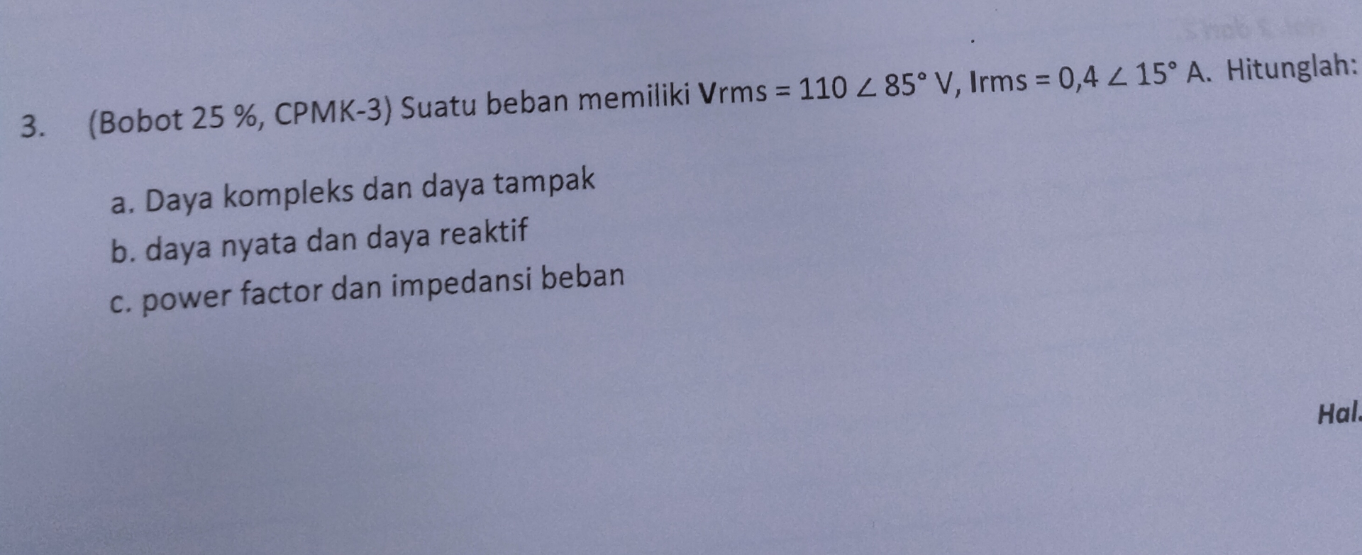 Solved (Bobot 25%,CPMK-3 ﻿Suatu beban memiliki Vrms | Chegg.com