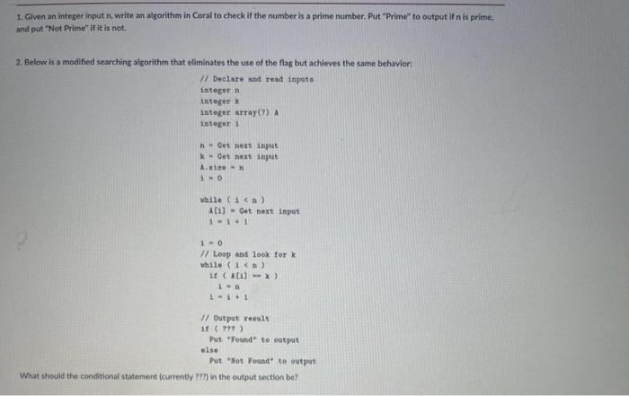 Solved 1. Glven an integer input n, write an algorithm in | Chegg.com