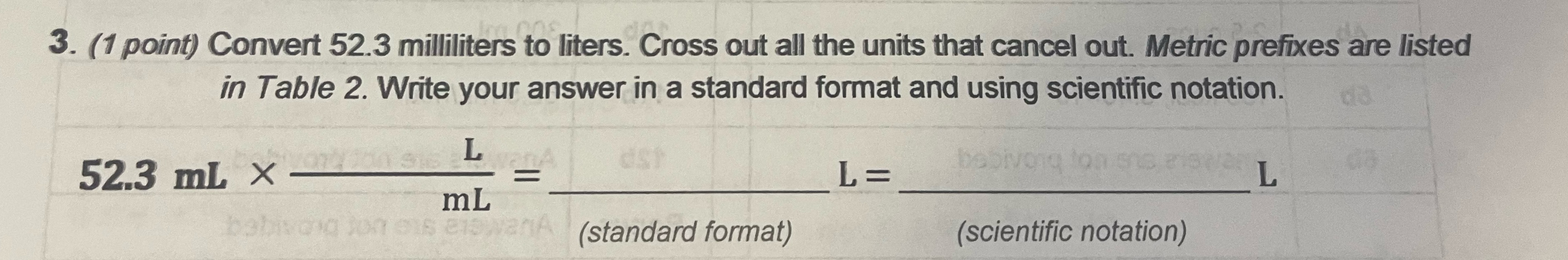 Solved Convert 52.3 ﻿milliliters to liters. Cross out all | Chegg.com