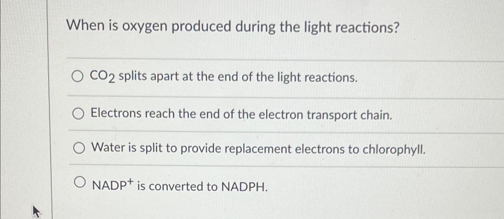 Solved When is oxygen produced during the light | Chegg.com