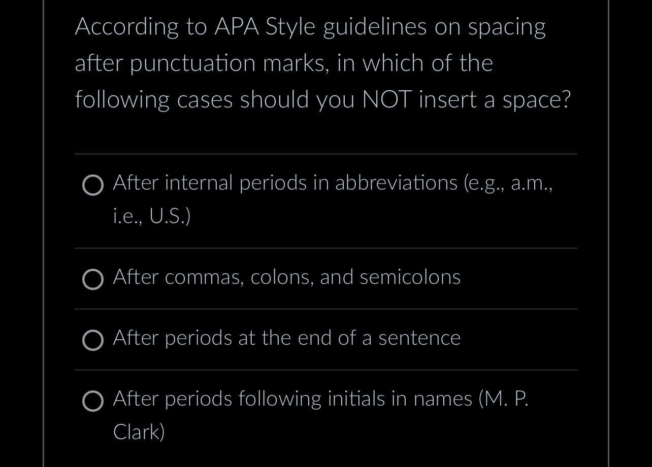 Solved According to APA Style guidelines on spacing after | Chegg.com