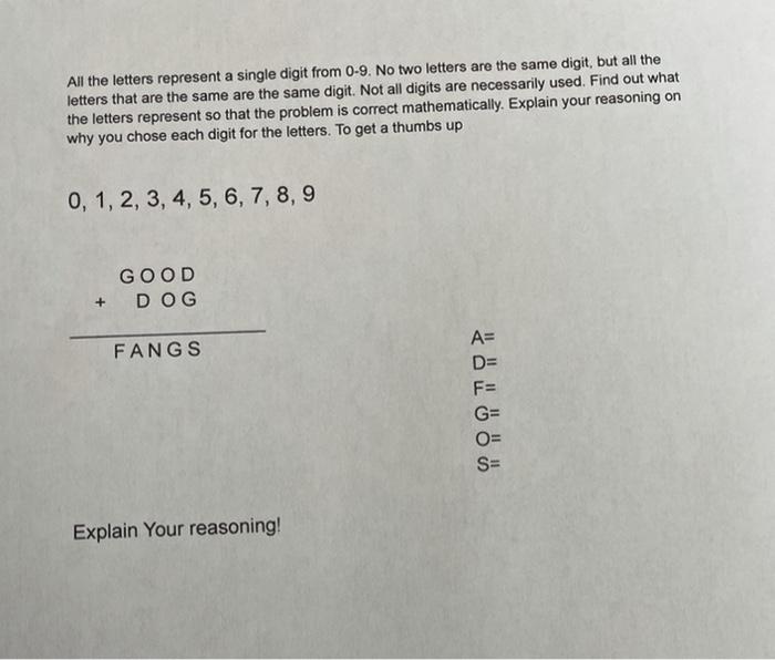 Solved All the letters represent a single digit from 0-9. No | Chegg.com