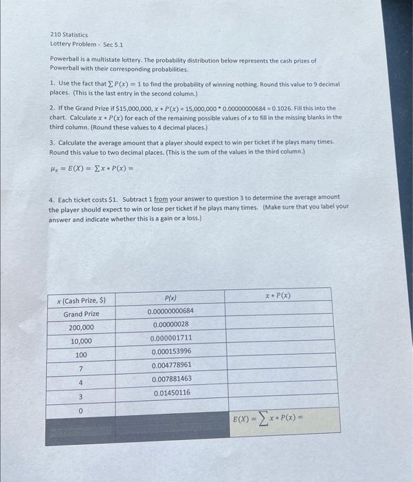 Solved 210 Statistics Lottery Problem - Sec 5.1 Powerball is | Chegg.com