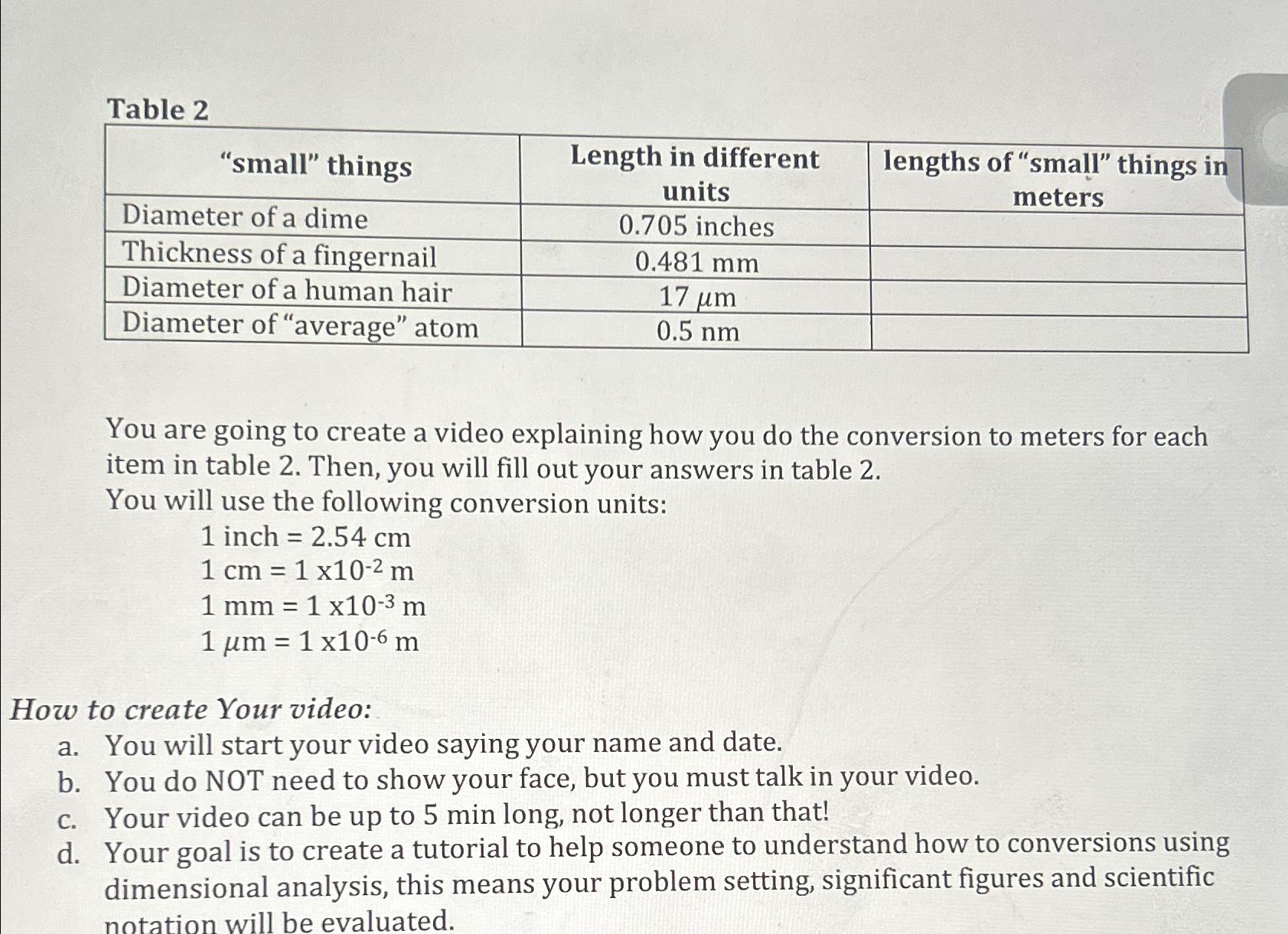Solved Table 2\table[["small" ﻿things,\table[[Length in | Chegg.com
