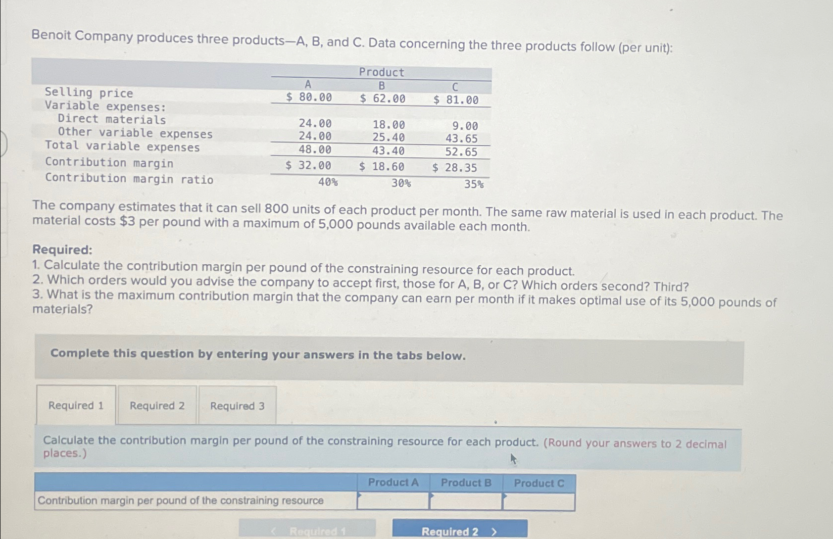 Solved Benoit Company produces three products-A, ﻿B, ﻿and C. | Chegg.com