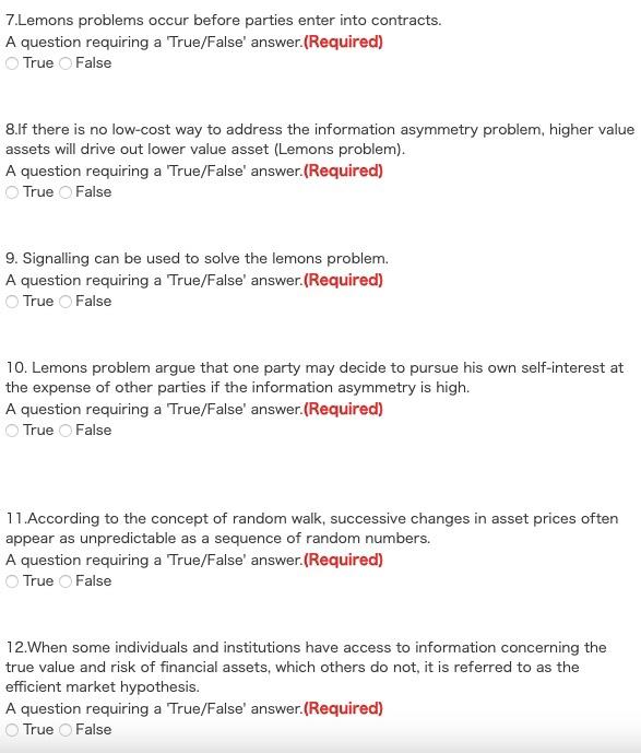 Solved 7.Lemons problems occur before parties enter into | Chegg.com