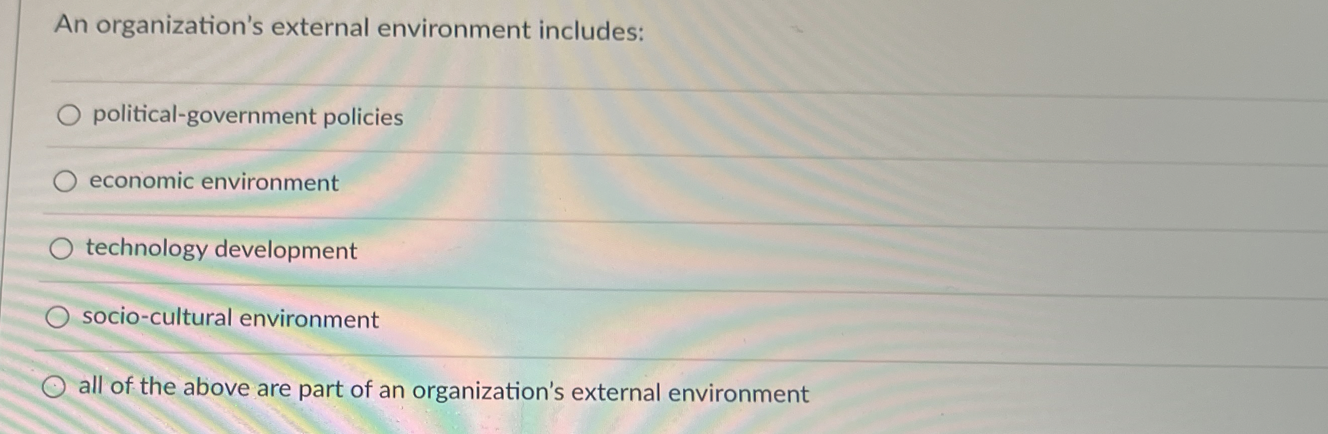 Solved An organization's external environment | Chegg.com