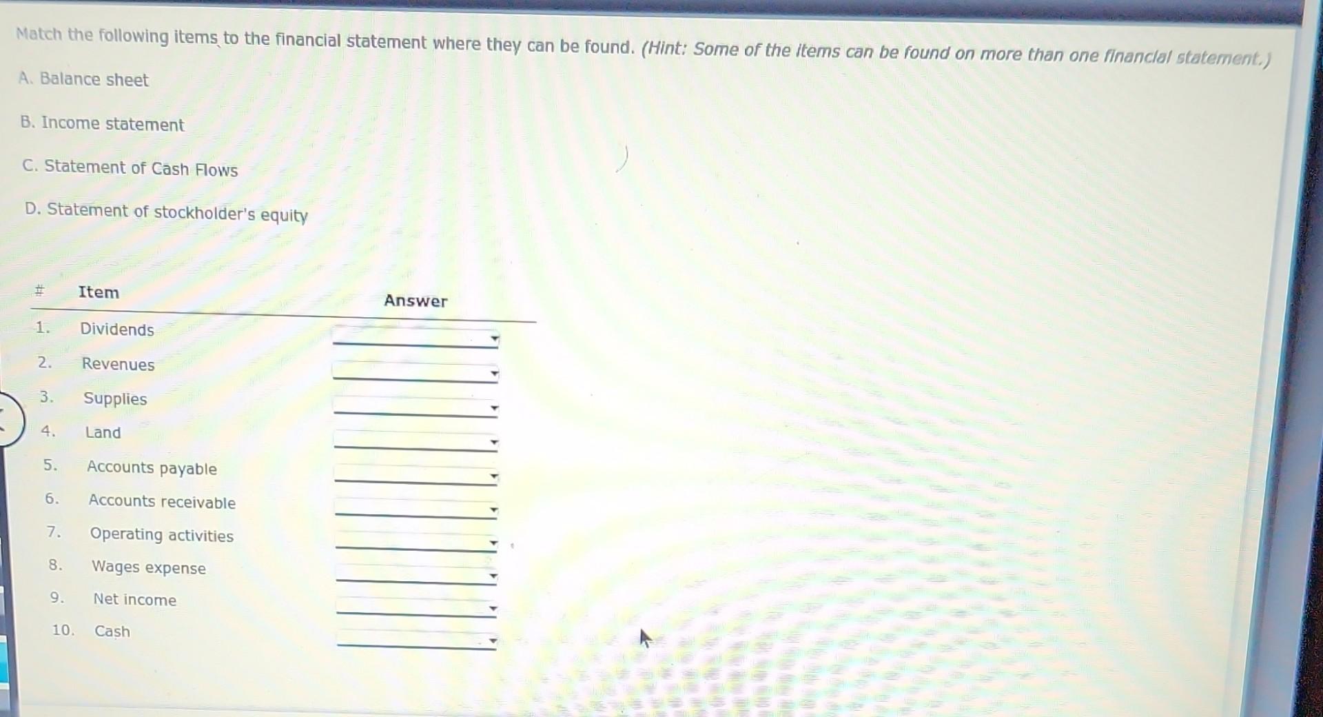 Solved Match the following items to the financial statement | Chegg.com