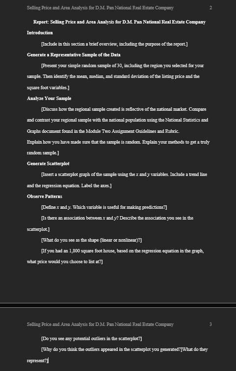 Solved Report: Selling Price and Area Analysis for DM Pan | Chegg.com