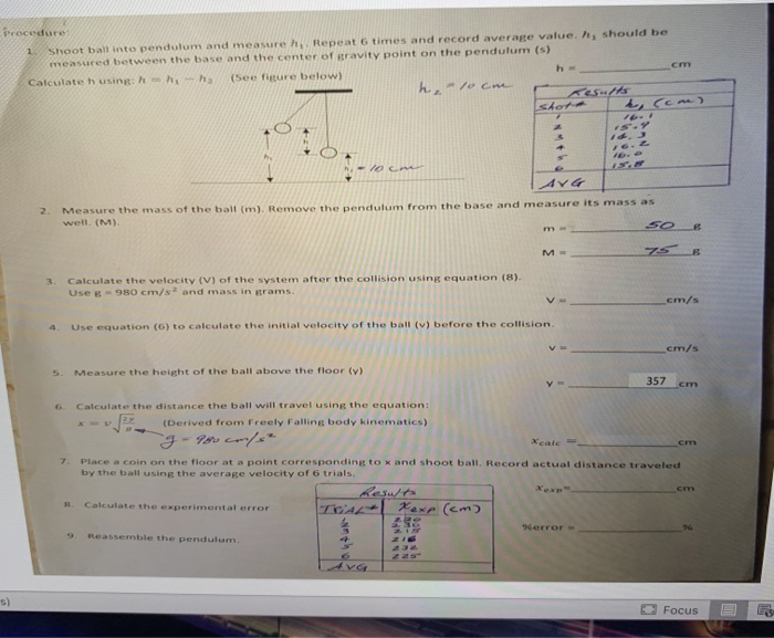 Solved Procedure 1. Shoot ball into pendulum and measure | Chegg.com