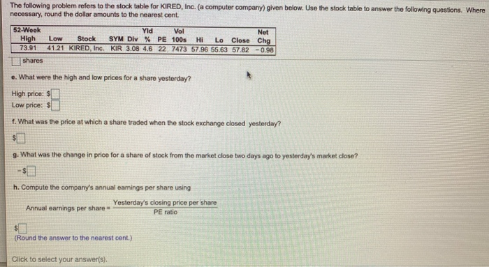Solved The following problem refers to the stock table for | Chegg.com