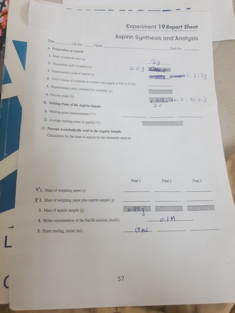Experiment 19 Report Sheet Aspirin Synthesis and | Chegg.com