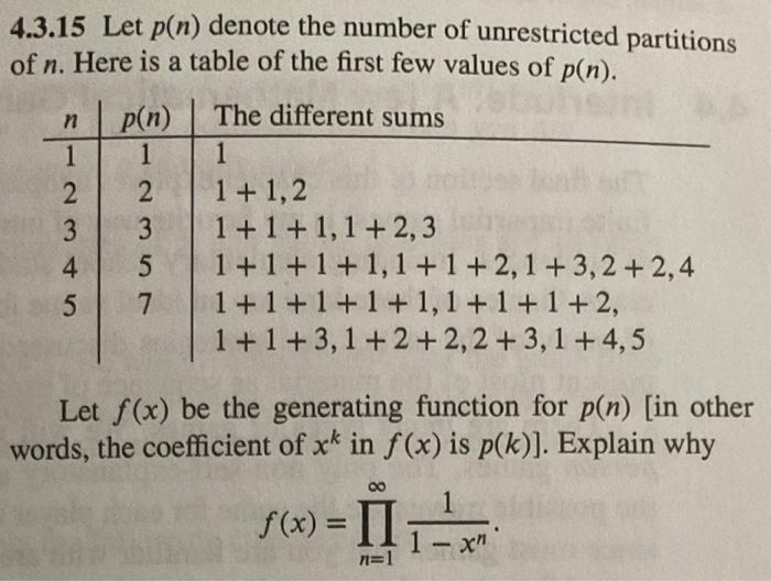 Solved 4.3.15 Let p(n) denote the number of unrestricted | Chegg.com