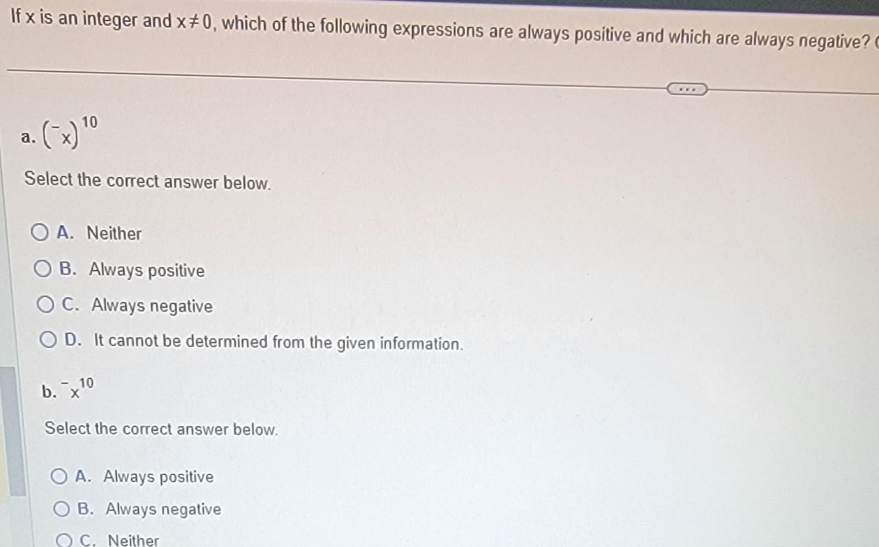 Solved If x ﻿is an integer and x≠0, ﻿which of the following | Chegg.com