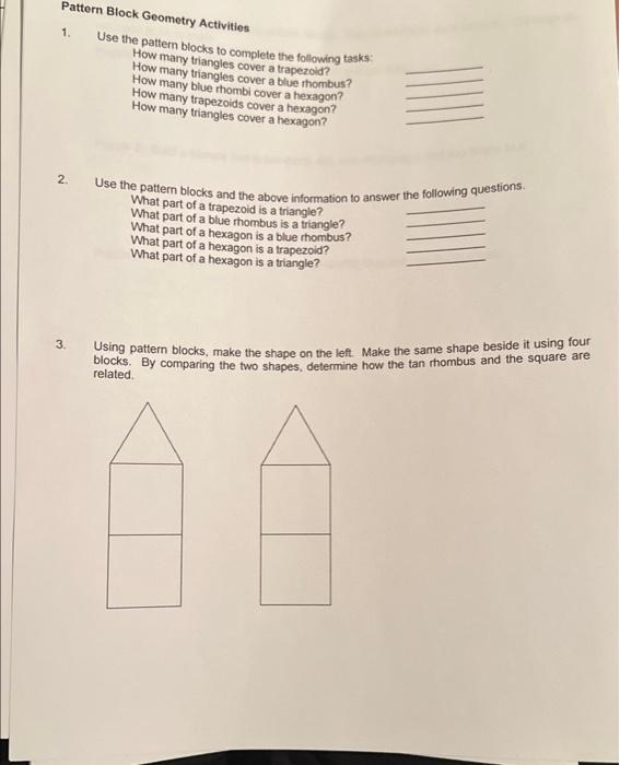 Solved Pattern Block Geometry Activities 1. 2. 3. Use the | Chegg.com