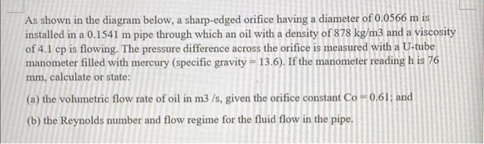 Solved As shown in the diagram below, a sharp-edged orifice | Chegg.com