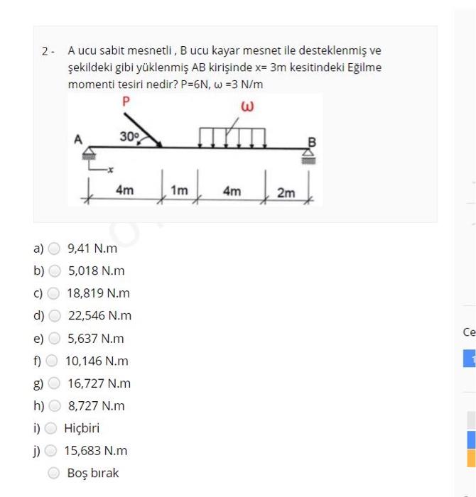 Solved 2. A ucu sabit mesnetli, B ucu kayar mesnet ile | Chegg.com