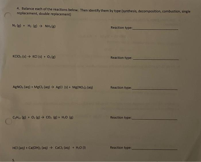 Solved 4. Balance each of the reactions below. Then identify | Chegg.com