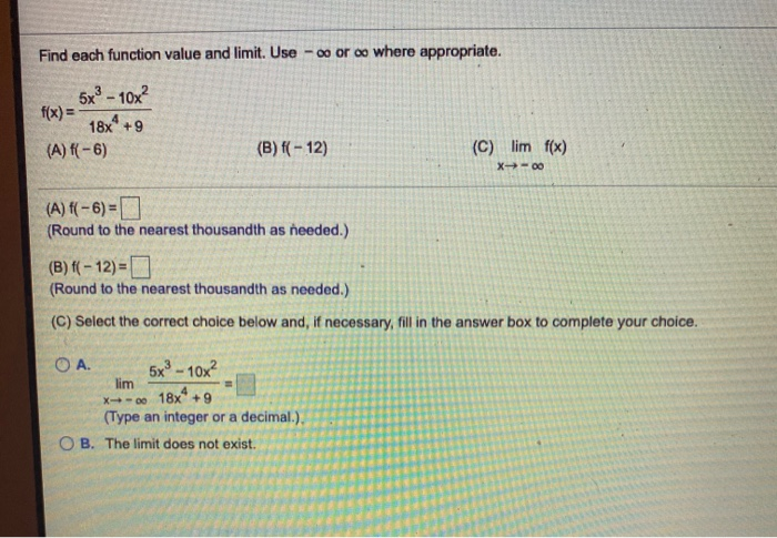 Solved Find each function value and limit. Use - or co where | Chegg.com