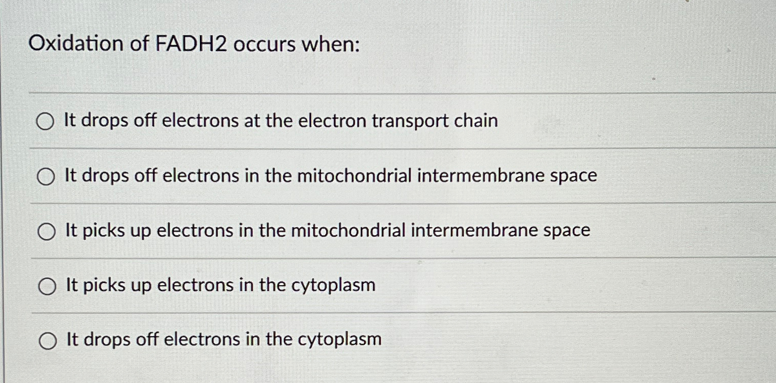 Solved Oxidation of FADH2 ﻿occurs when:It drops off | Chegg.com