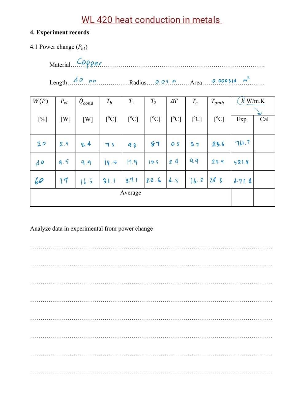 Solved WL 420 heat conduction in metals 4. Experiment | Chegg.com