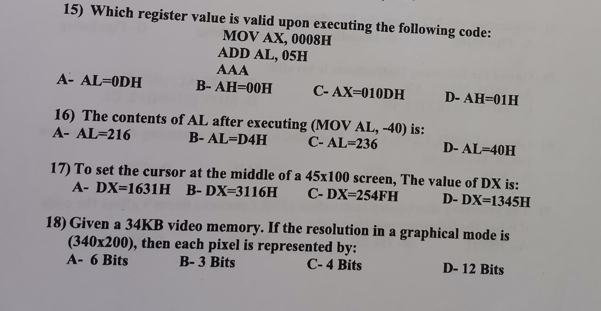 Solved 15) Which register value is valid upon executing the | Chegg.com