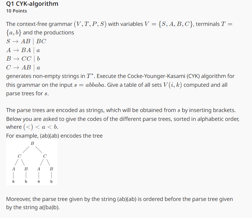 Solved Q1 ﻿CYK-algorithm10 ﻿PointsThe context-free grammar | Chegg.com