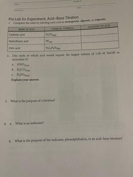 Solved Pre-Lab for Experiment: Acid-Base Titration 1. | Chegg.com