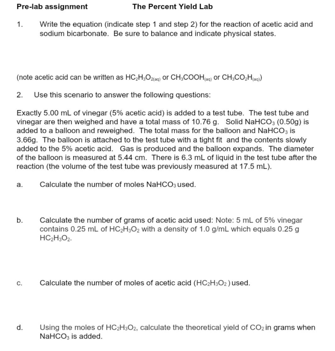 Solved Pre-lab assignment The Percent Yield Lab 1. Write the | Chegg.com