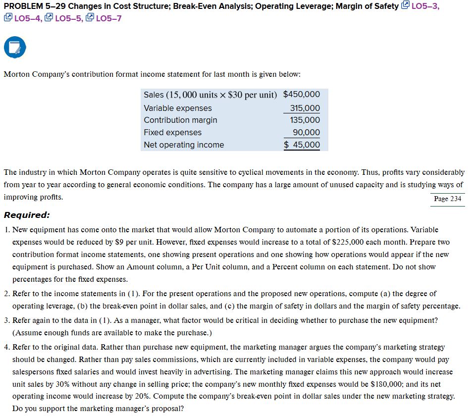PROBLEM 5-29 ﻿Changes in Cost Structure; Break-Even | Chegg.com