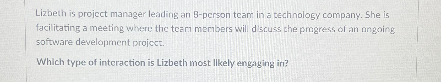 Solved Lizbeth is project manager leading an 8-person team | Chegg.com
