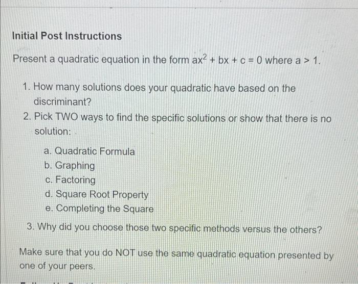 Solved Initial Post Instructions Present a quadratic | Chegg.com