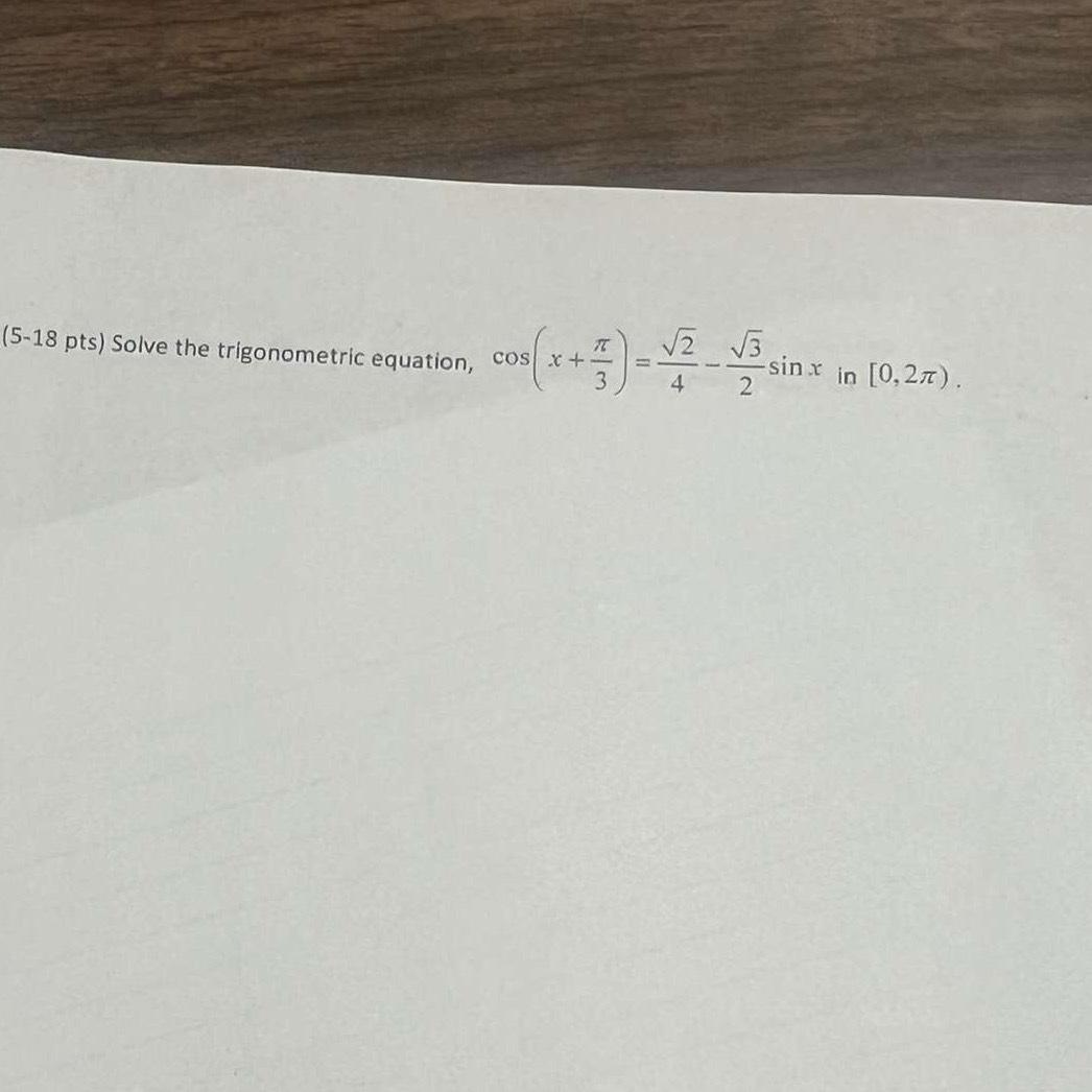 Solved (5-18 ﻿pts) ﻿Solve the trigonometric equation, | Chegg.com