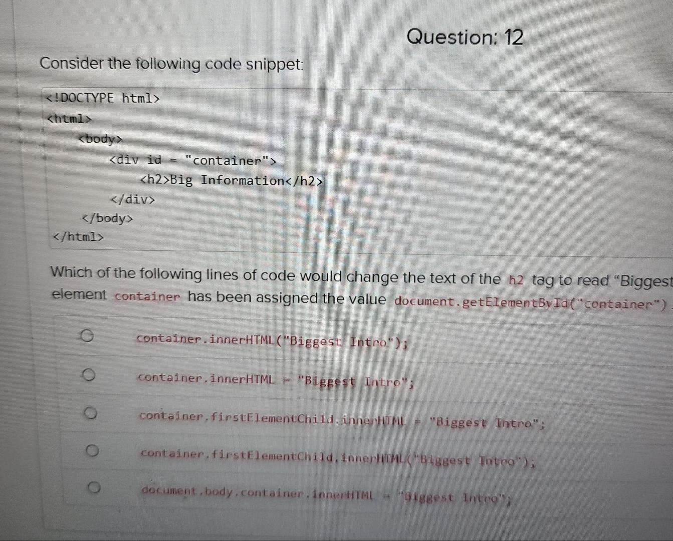 Solved Question: 12Consider the following code snippet: ﻿div | Chegg.com