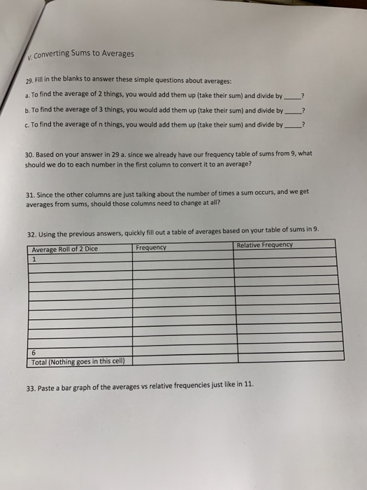Solved V. Converting Sums to Averages 29. Fill in the blanks | Chegg.com
