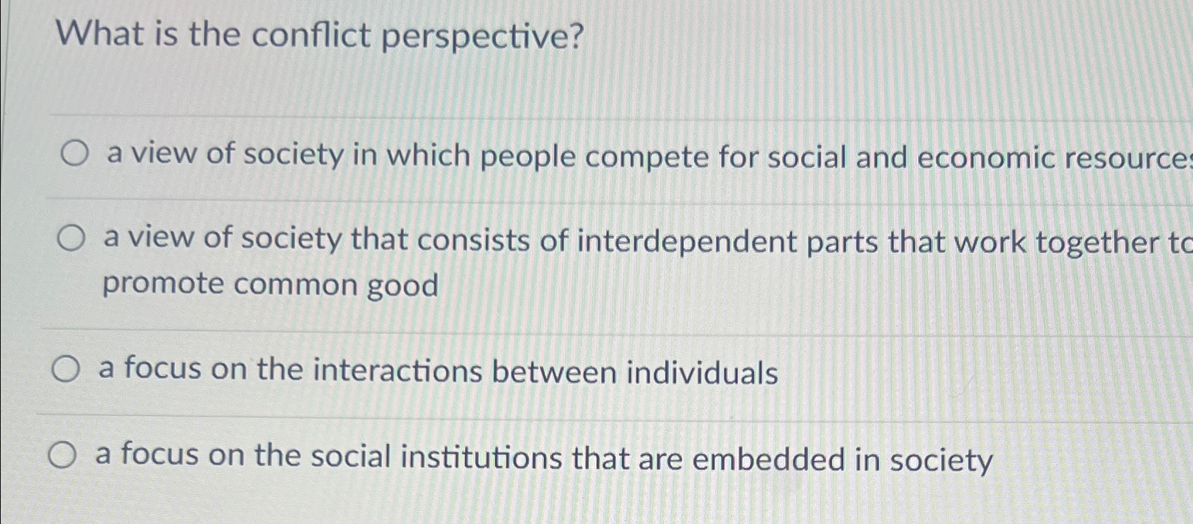 Solved What is the conflict perspective?a view of society in | Chegg.com