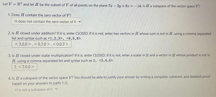 Solved Let V=R3 and let H be the subset of V of all points | Chegg.com