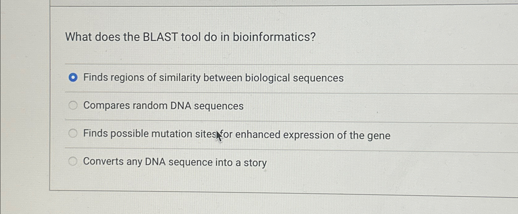 Solved What does the BLAST tool do in bioinformatics?Finds | Chegg.com