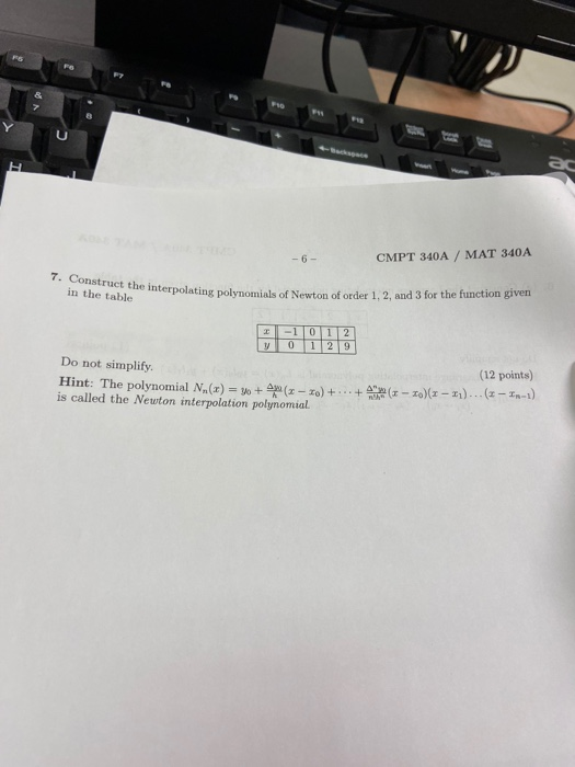 Solved CMPT 340A / MAT 340A 7. Construct the interpolating | Chegg.com