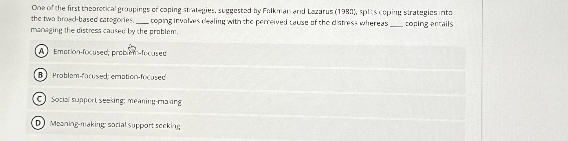 Solved One of the first theoretical groupings of coping | Chegg.com