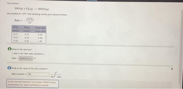 Solved The reaction 2NO(g) + Cl₂(g) → 2NOCI(g) was studied | Chegg.com