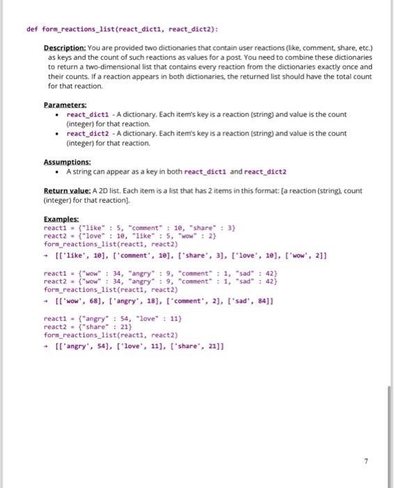 Solved form_reactions_1ist(react_dict1, react_dict2): | Chegg.com