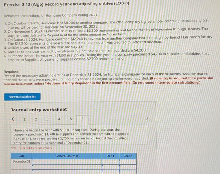 Solved Exerclse 3-13 (Algo) Record year-end adjusting | Chegg.com