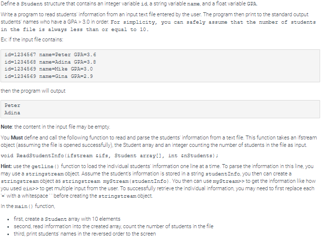 Solved Define a Student structure that contains an integer | Chegg.com