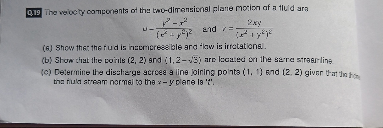Solved Q. 19 ﻿The velocity components of the two-dimensional | Chegg.com